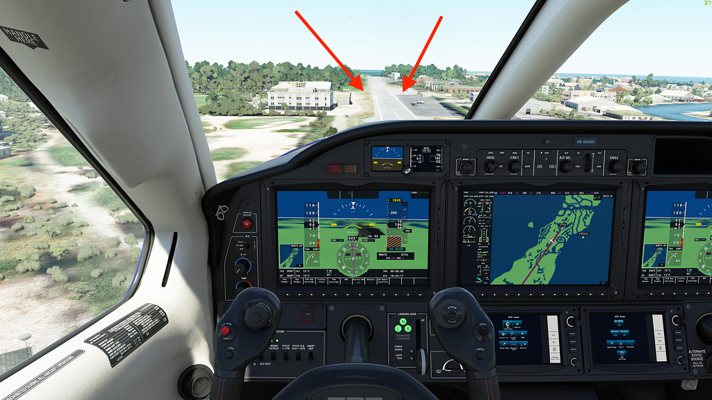 The graphic of the runway is updated in the last moment before landing ...