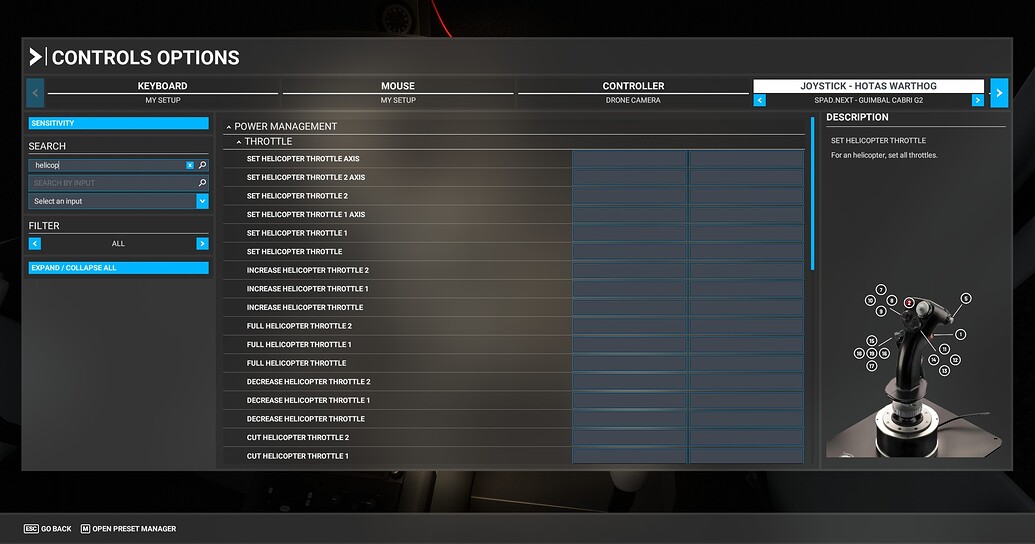 THROTTLE 1 AXIS controls collective, PROPELLER 1 AXIS controls helicopter throttle - Hardware ...