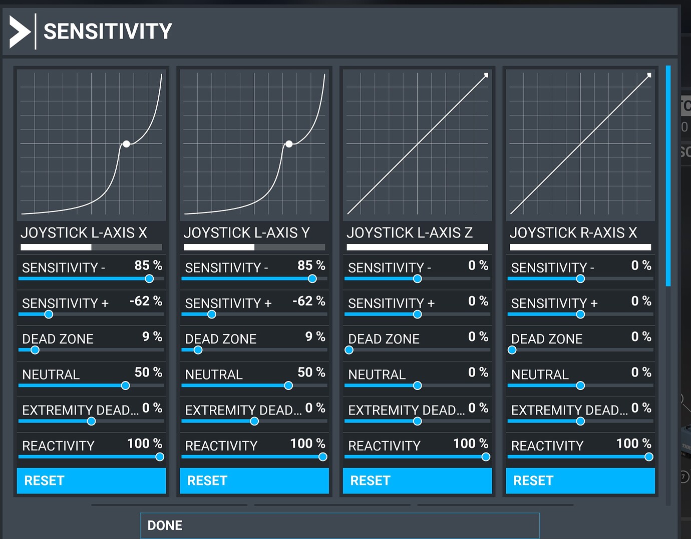 What are the sensitivity settings for the Thrustmaster Tca Throttle Quadrant and side stick for ...