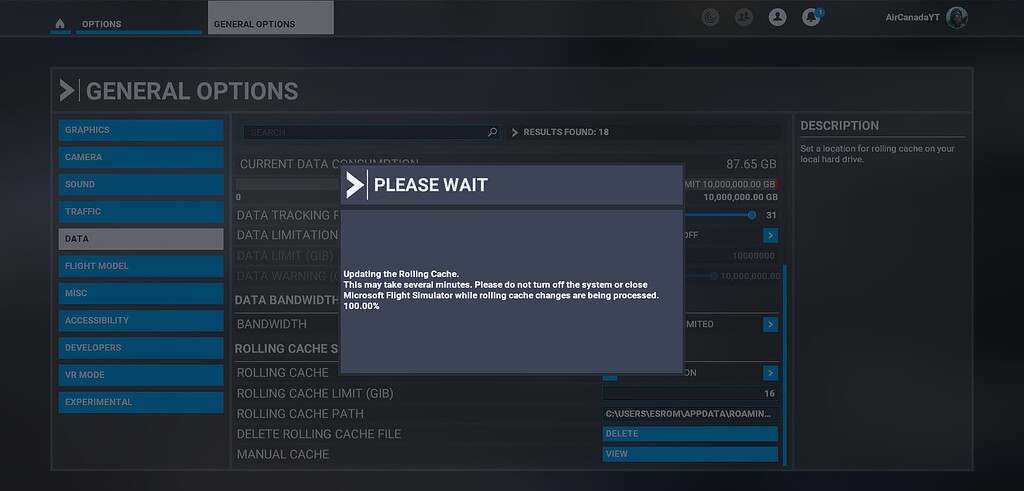 My rolling cache is stuck on 100% - Hardware & Peripherals - Microsoft Flight Simulator Forums