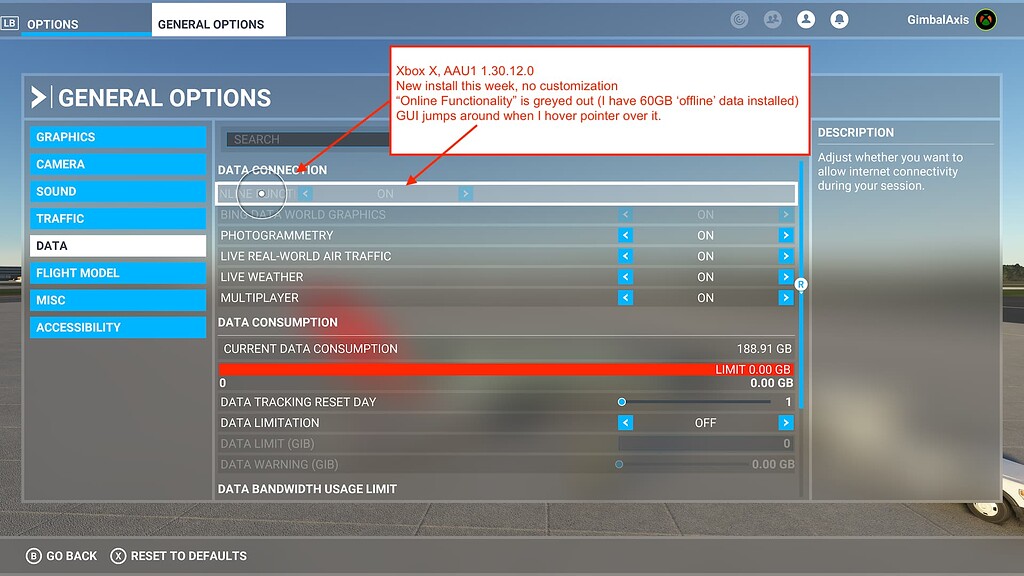 Xbox General Options > Data > Online Functionality greyed out, GUI buggy (1.30.12.0) - User ...