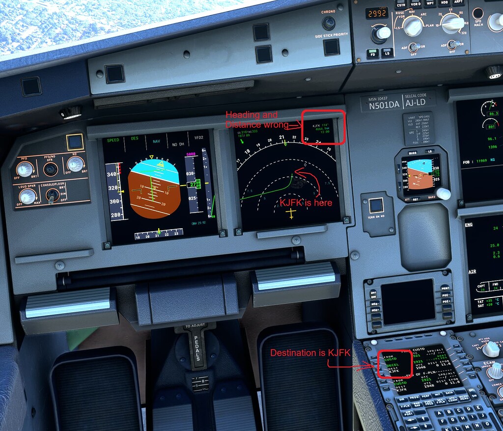 Airbus navigation screen shows wrong heading and distance to destination; autopilot following ...