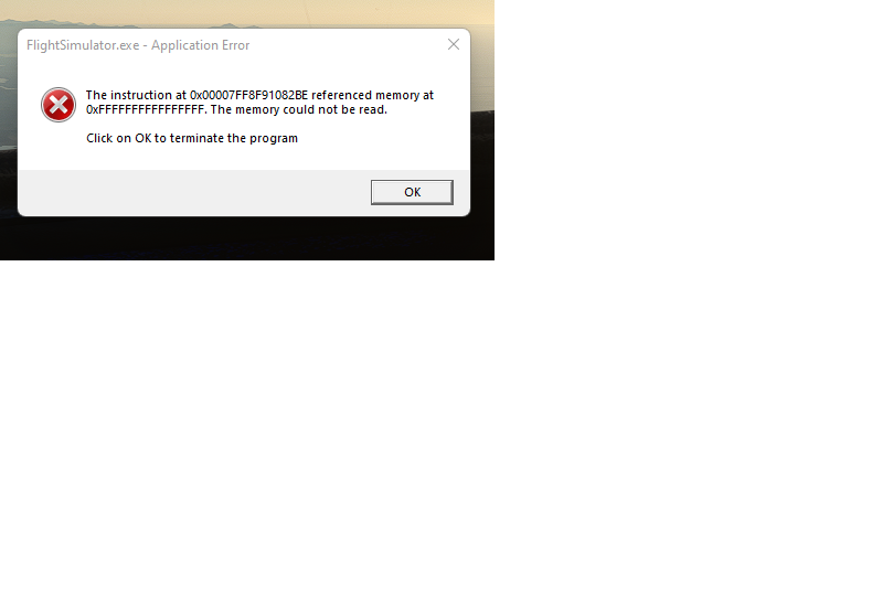MSFS Application Error - memory could not be read - #299 by JGL574 - Resolved - Microsoft Flight ...