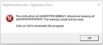 MSFS Application Error - memory could not be read - #478 by WeirdNeville - Resolved - Microsoft ...