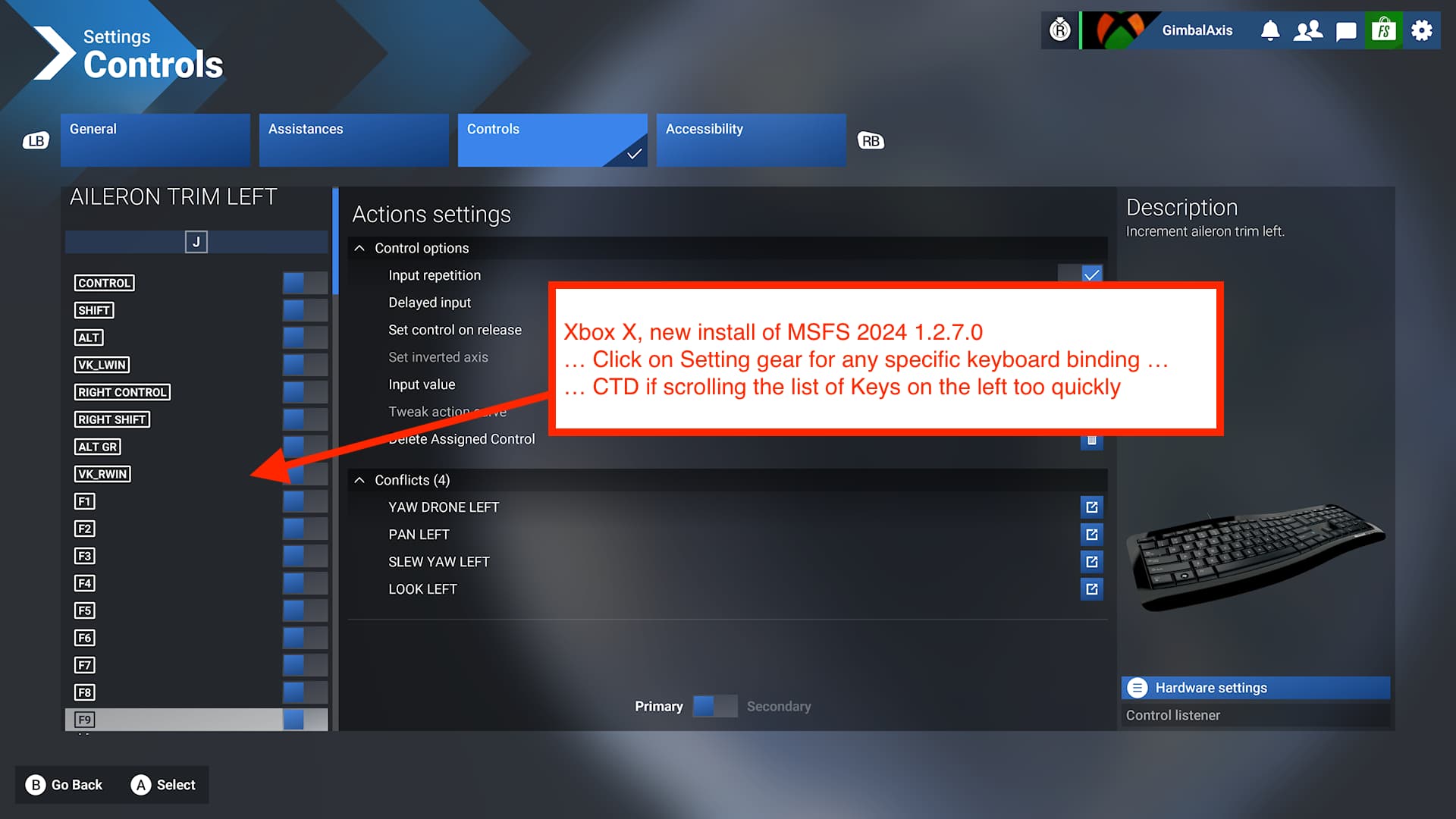 Xbox CTD scrolling key selection list of any single keyboard binding ...